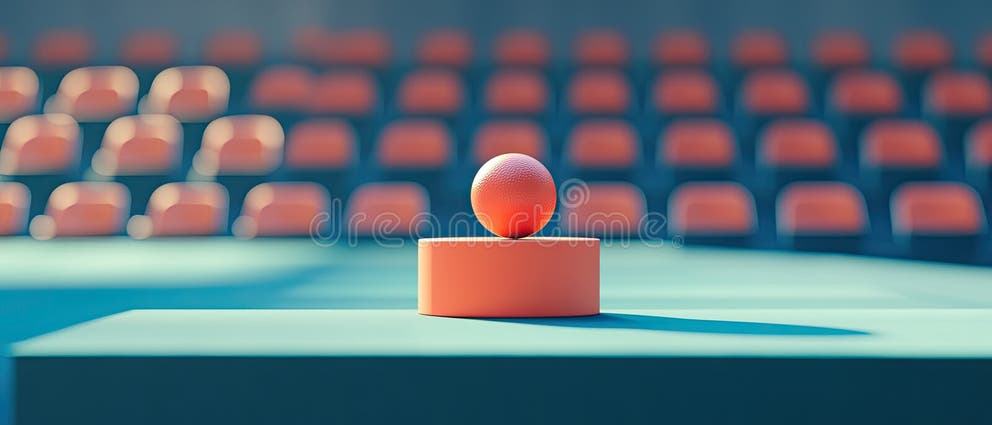 A Single Red Sphere Sits on a Podium in Front of a Row of Seats Stock ...