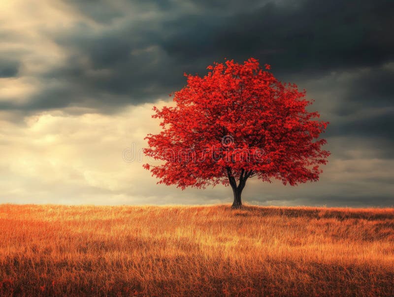 A Single Red Tree Against a Dramatic Cloudy Sky Stock Illustration ...