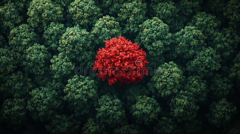 Single Red Tree in Green Forest, Aerial View. Nature Contrast and ...