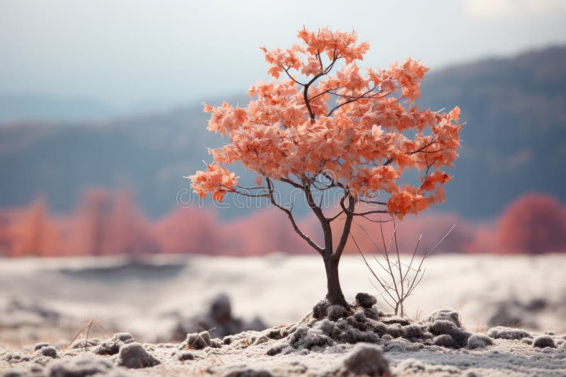 A Single Red Tree in the Middle of a Snowy Field Stock Illustration ...