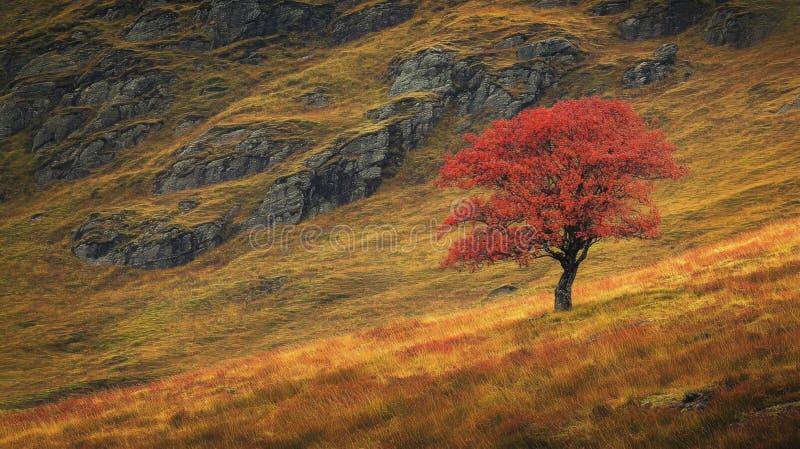 Single Red Tree on a Rolling Grassy Hillside with Exposed Rocks Stock ...
