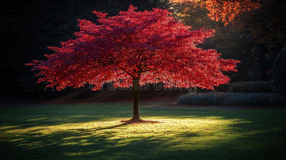 A Single Red Tree Standing Alone in a Field Bathed in Sunlight Stock ...