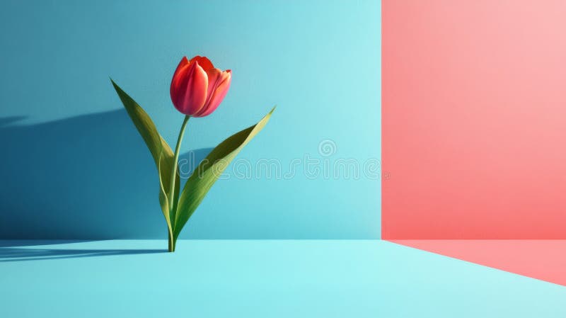 Single Red Tulip Against Pastel Blue Pink Background Stock Illustration ...
