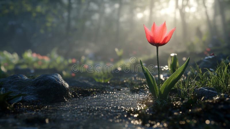 A Single Red Tulip Blooms in a Misty Forest Stock Illustration ...