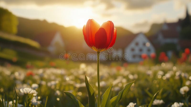 Single Red Tulip Sunset Field Village Background Stock Illustration ...