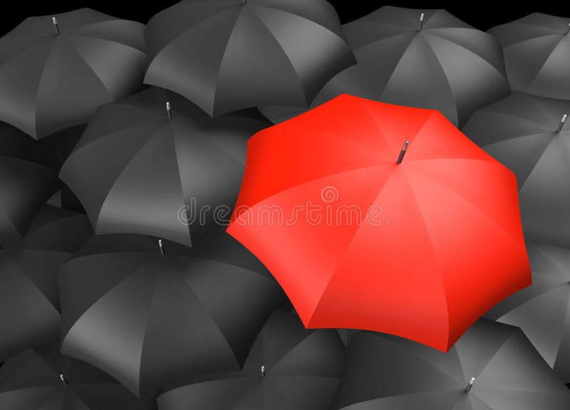 Single Red Umbrella with Many Black Umbrellas Stock Illustration ...