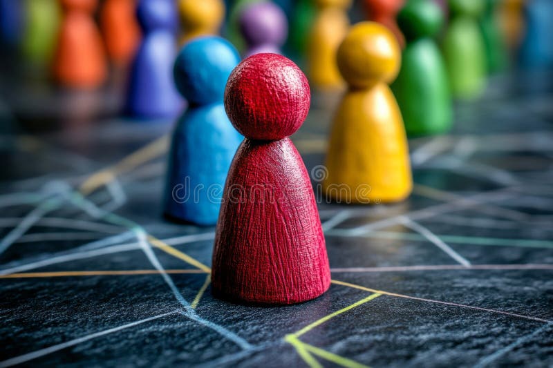 Single Red Wooden Figurine Standing on a Black Surface Surrounded by a ...