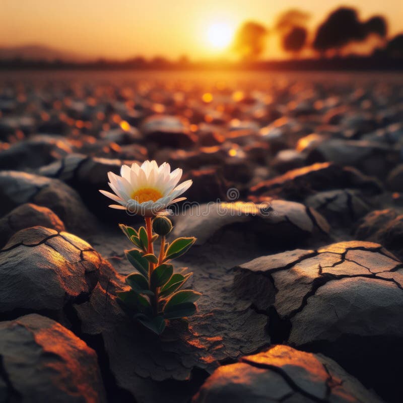 A Single Resilient Flower Grows among Desolate Rock Formations Stock ...