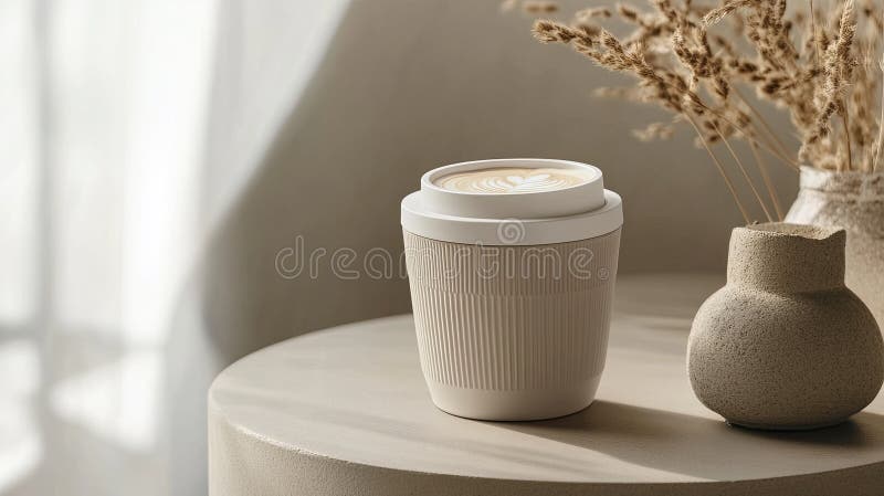 A Single Reusable Coffee Cup Styled with Soft Neutral Accents on a ...