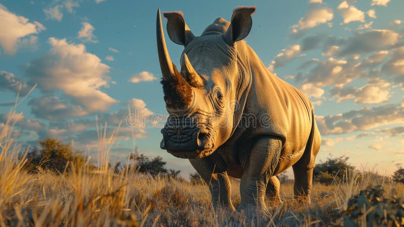 A Single Rhino Standing in a Green Meadow Under a Cloudy Sky Stock ...