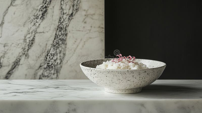 A Single Rice Bowl with Toppings Styled on a Smooth Marble Counter ...