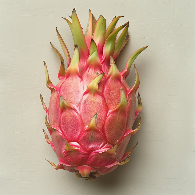A Single Pink Dragon Fruit with Green Spikes on a Light Background ...
