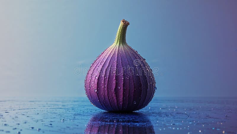 A Single Ripe Fig Fruit Displayed on a Reflective Blue Surface. Stock ...