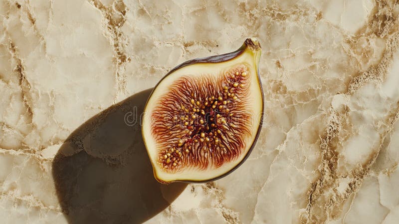 A Single Ripe Fig Sliced in Half Styled on a Smooth Marble Background ...