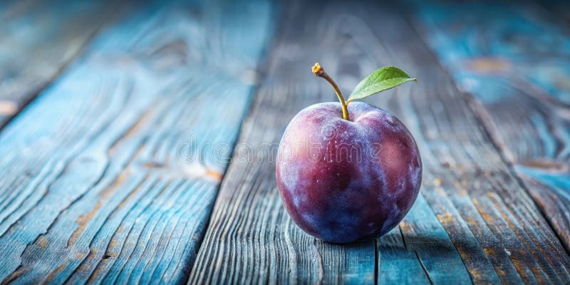 Single Ripe Plum on Rustic Blue Wood Surface. Generative AI Stock ...