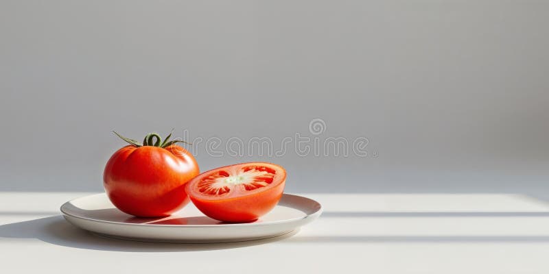 A Single Ripe Red Tomato Resting on a Simple White Plate Stock Photo ...