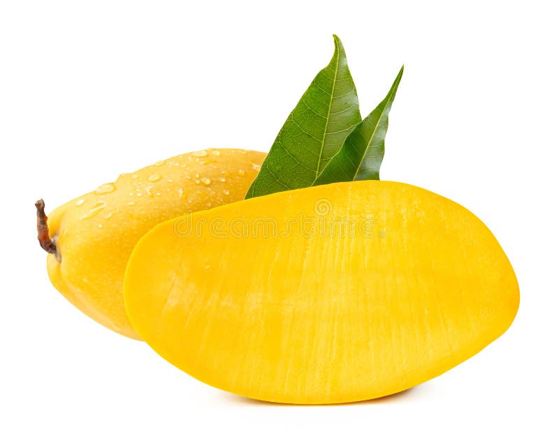 Single Ripe Yellow Mango and Half with Green Leaves and Water Droplets ...