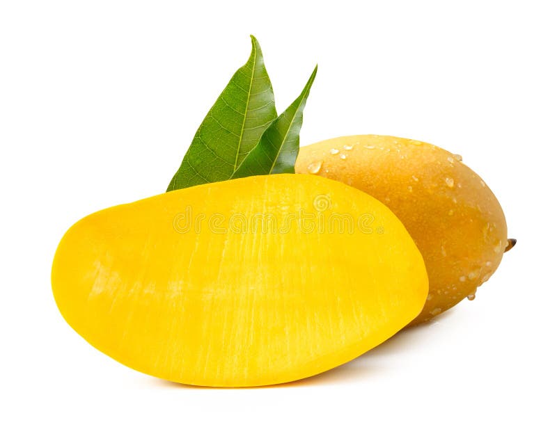 Single Ripe Yellow Mango and Half with Green Leaves and Water Droplets ...