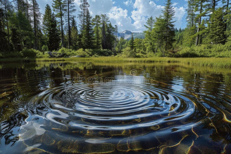 A Single Ripple Spreads Out from a Calm, Forest Pond in Summer, Ripples ...