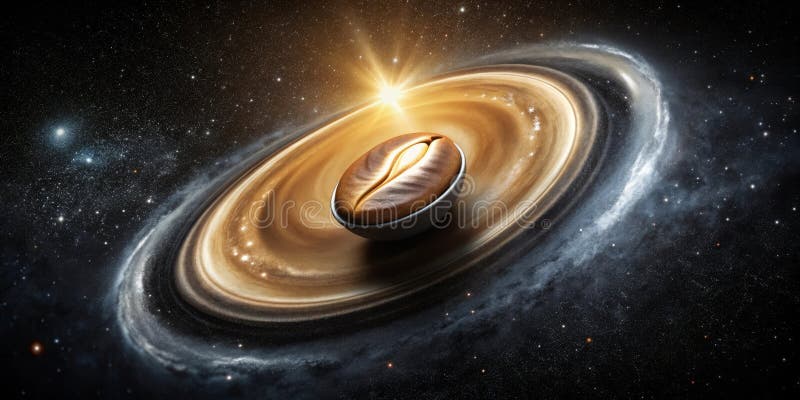 A Single Roasted Coffee Bean Orbits a Celestial Body, a Cosmic Brew in ...