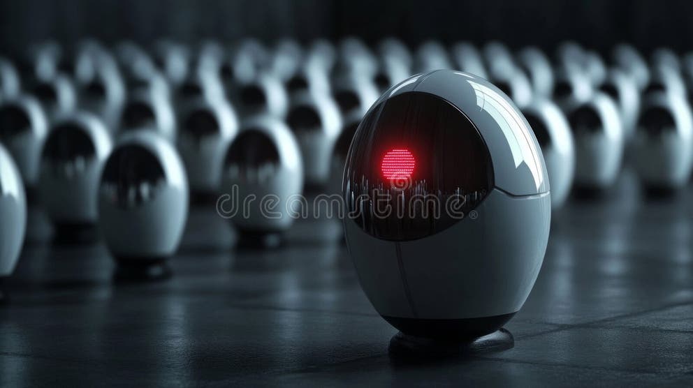 A Single Robot Sphere with a Red Light Stands Out from a Row of ...