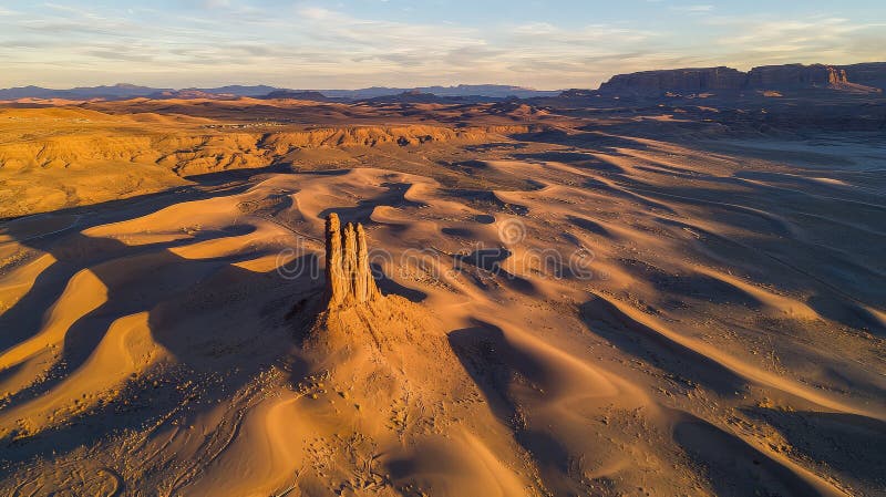 A Single Rock Formation Rises from the Sand Dunes in a Desert Landscape ...