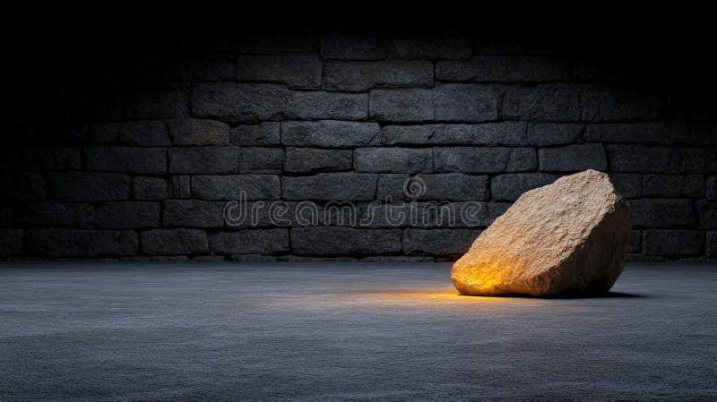 A Single Rock Illuminated by Light Against a Dark Stone Wall Background ...