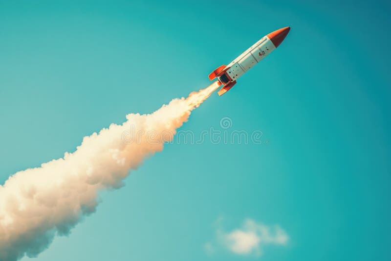 A Single Rocket Flying through a Clear Blue Sky, with Bright Colors ...
