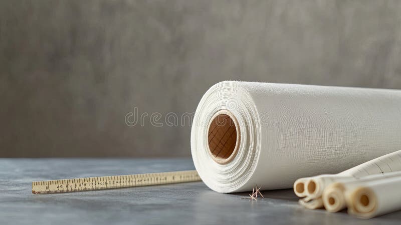 A Single Roll of Fabric Styled on a Sleek Table with a Ruler and Pins ...