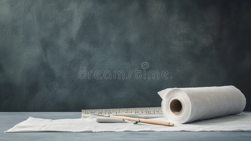 A Single Roll of Fabric Styled on a Sleek Table with a Ruler and Pins ...