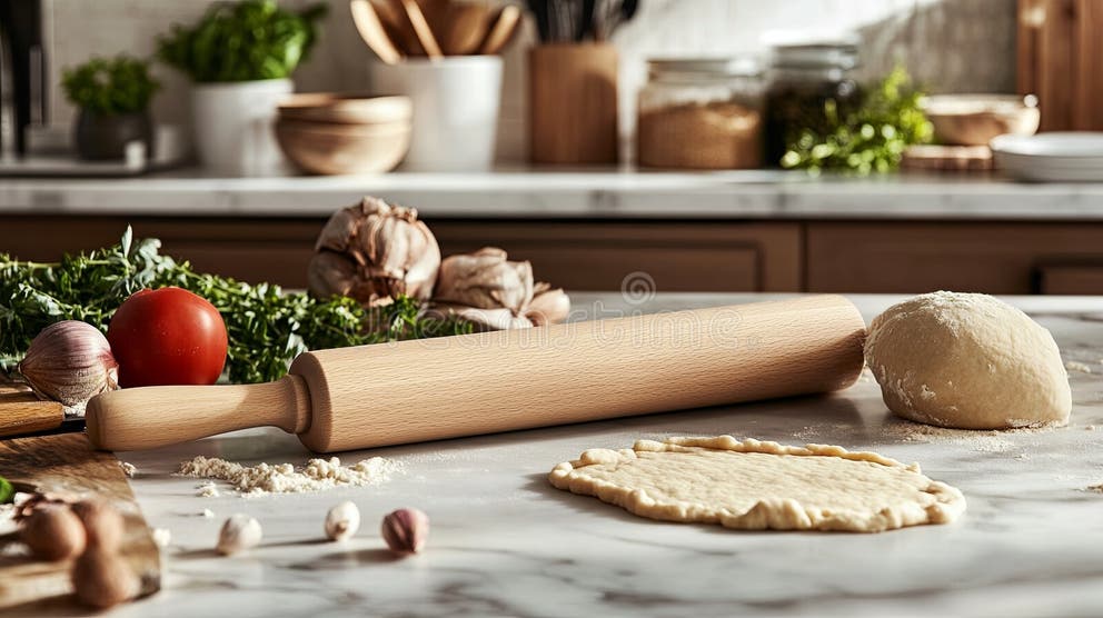 A Single Rolling Pin Styled on a Marble Countertop with Visible Dough ...
