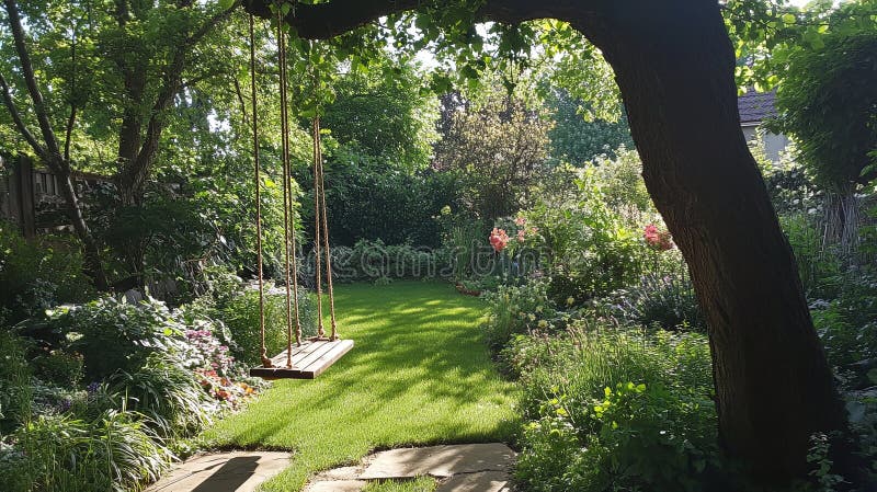 A Single Rope Swing Hanging from a Tall Tree in a Quiet Garden ...