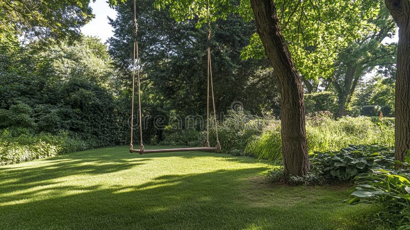 A Single Rope Swing Hanging from a Tall Tree in a Quiet Garden ...