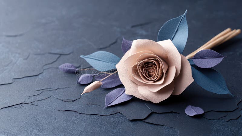 A Single Rose Blooms on a Stick, Adorned with Green Leaves. Stock Photo ...