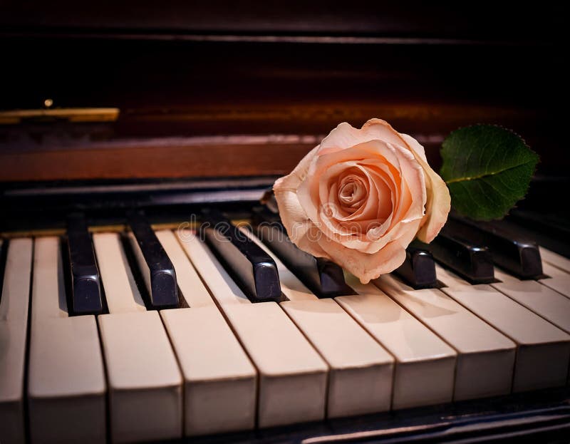 A Single Rose Lying Across an Old Piano Keyboard in Dim Light Stock ...