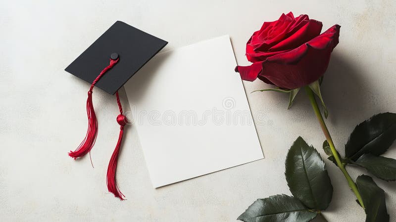 A Single Rose Placed Next To a Blank Graduation-themed Card on a Light ...