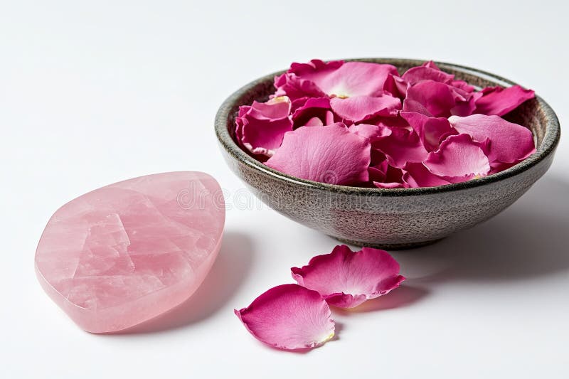 A Single Rose Quartz Gua Sha Placed beside a Bowl of Fresh Rose Petals ...