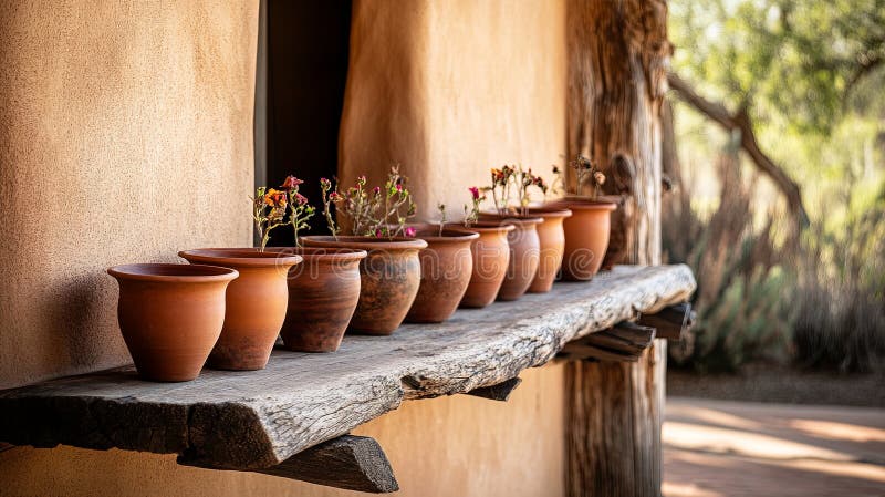 A Single Row of Handcrafted Clay Pots Placed on a Rustic Outdoor Shelf ...