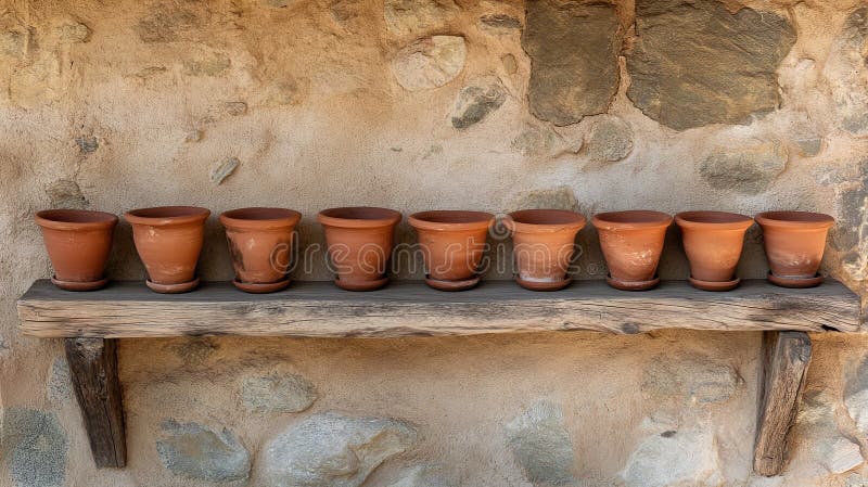 A Single Row of Handcrafted Clay Pots Placed on a Rustic Outdoor Shelf ...