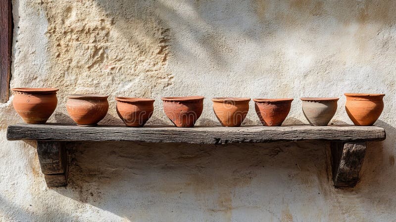 Single Row Handcrafted Clay Pots Placed Rustic Outdoor Shelf Stock ...