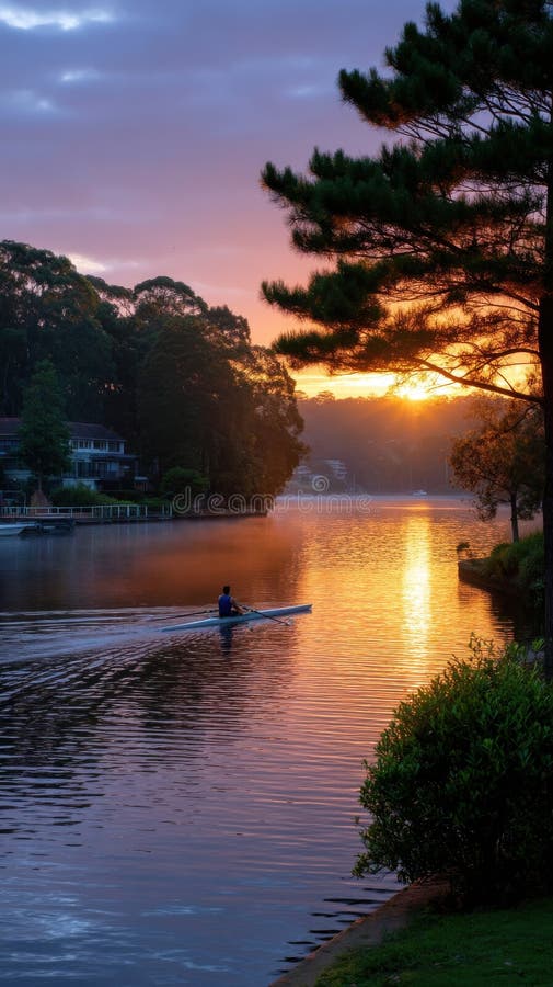 Single Rower on a Calm Lake at Sunrise with Trees Along the Shoreline ...