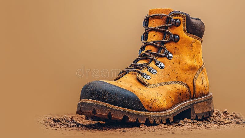 Single Rugged Work Boot Resting on Dirt with a Tan Backdrop Stock Image ...