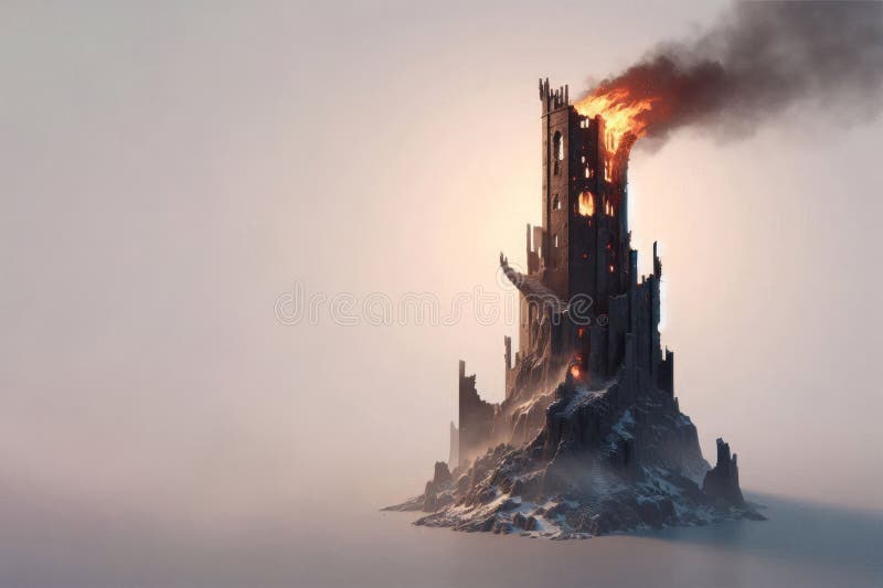 A Single, Ruined, Burning Tower Against a Clear Background. Space for ...