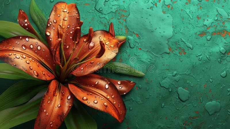 Single Rust-colored Lily with Water Droplets on Green Background Stock ...