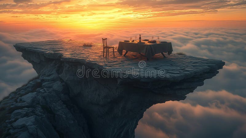 Single Rustic Table with Bread and Wine on Crumbling Stone Platform ...