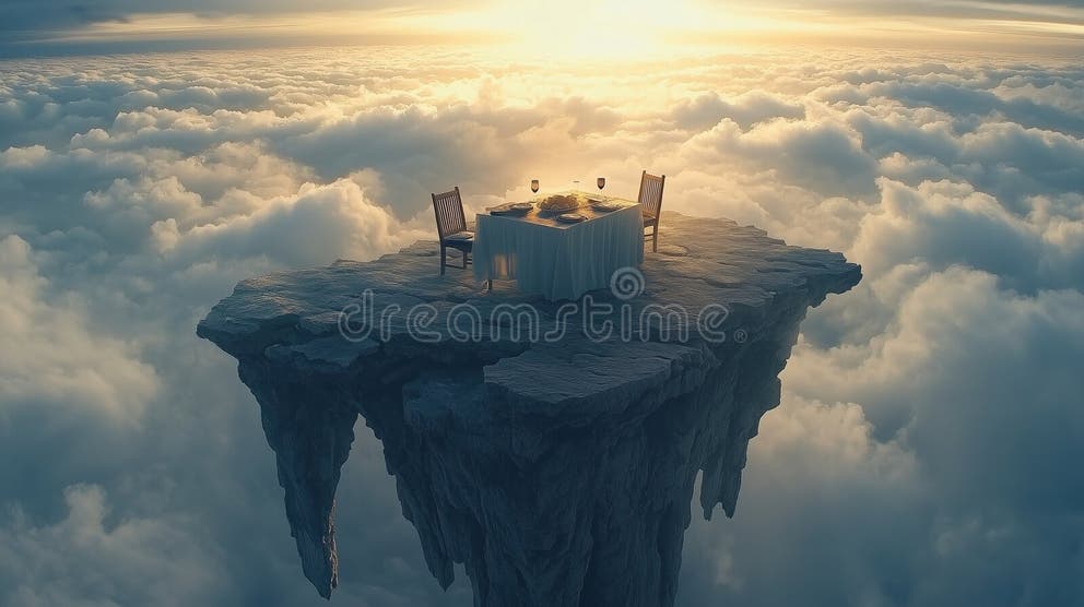 Single Rustic Table with Bread and Wine on Crumbling Stone Platform ...