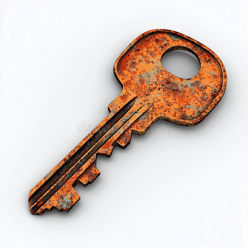 A Single Rusty Key Laying Flat on a Plain White Surface Area Isolated ...
