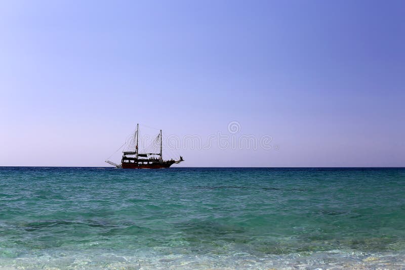 Single Sailing Ship at Open Sea Under Clear Sky Stock Image - Image of ...