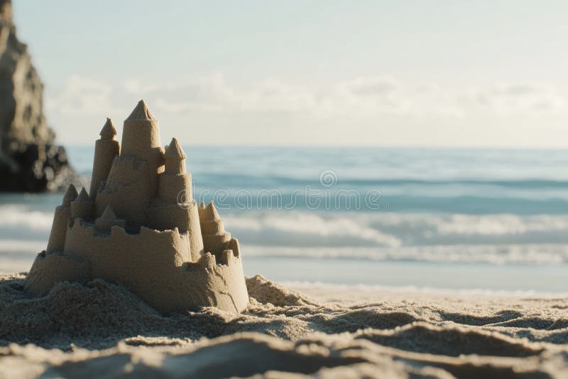 A Single Sandcastle Standing Tall on a Sunny Beach, with Soft Sandy ...