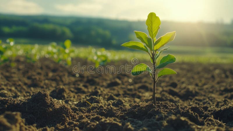 A Single Sapling Emerging from Rich Soil in a Field of Green Stock ...
